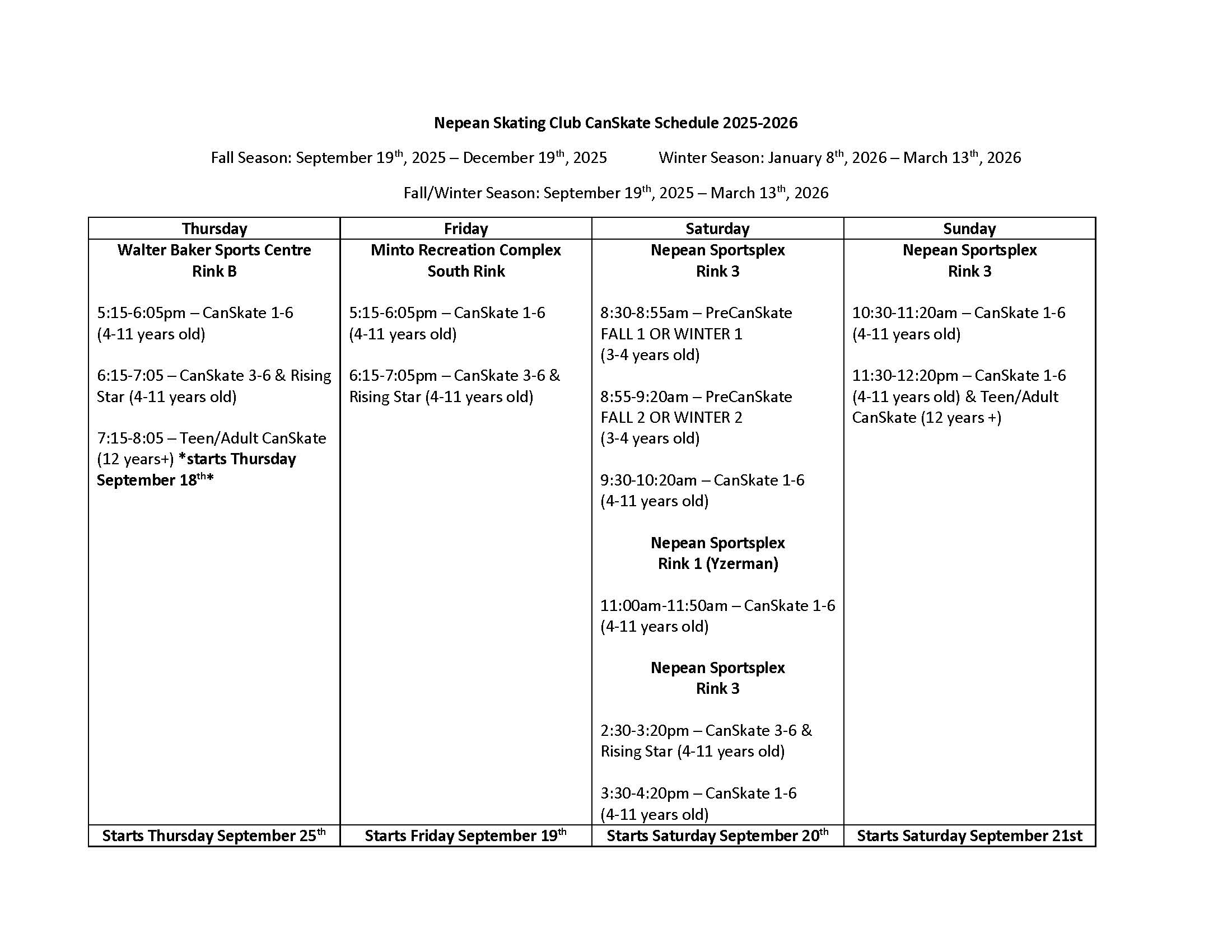 2025/26 CanSkate Fall/Winter Schedule :: Nepean Skating Club